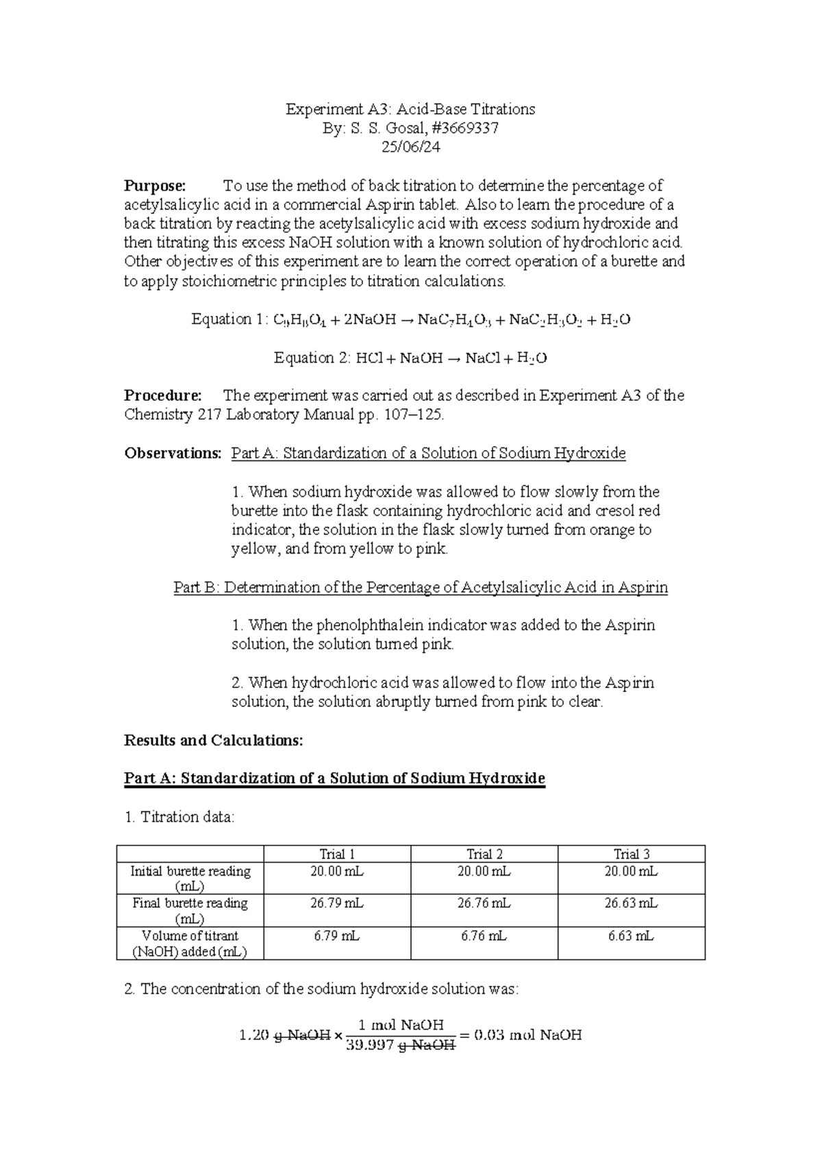 Experiment A3: Acid-Base Titration of Aspirin Tablet Analysis - Studocu