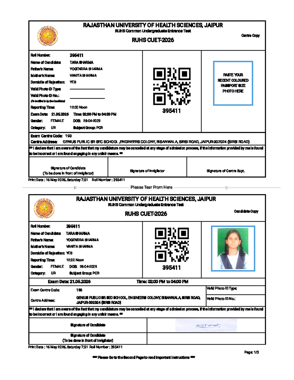 RUHS CUET-2026: Candidate Admit Card & Exam Instructions - Studocu