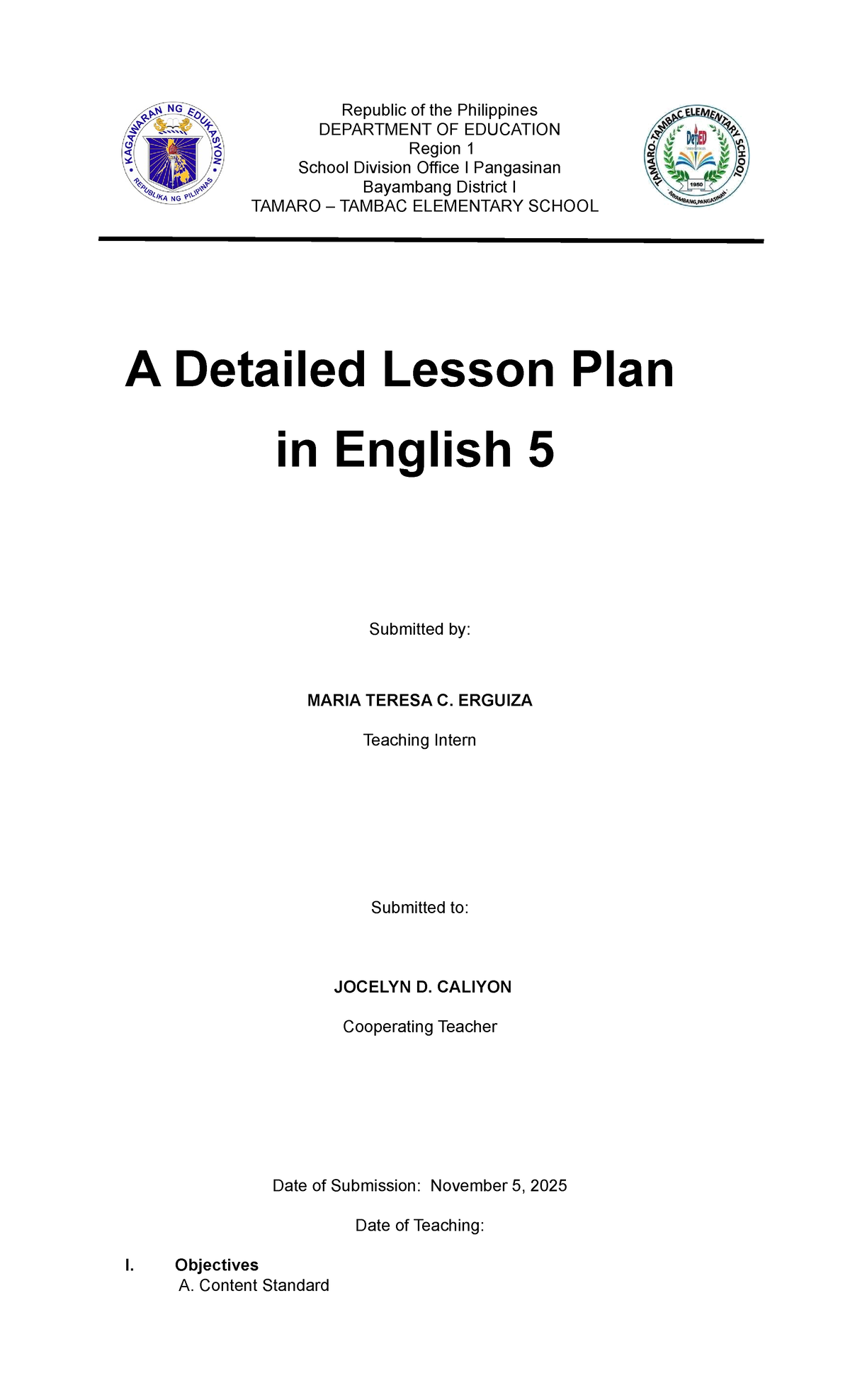 Detailed Lesson Plan in English 5: Week 1 Activities - Studocu