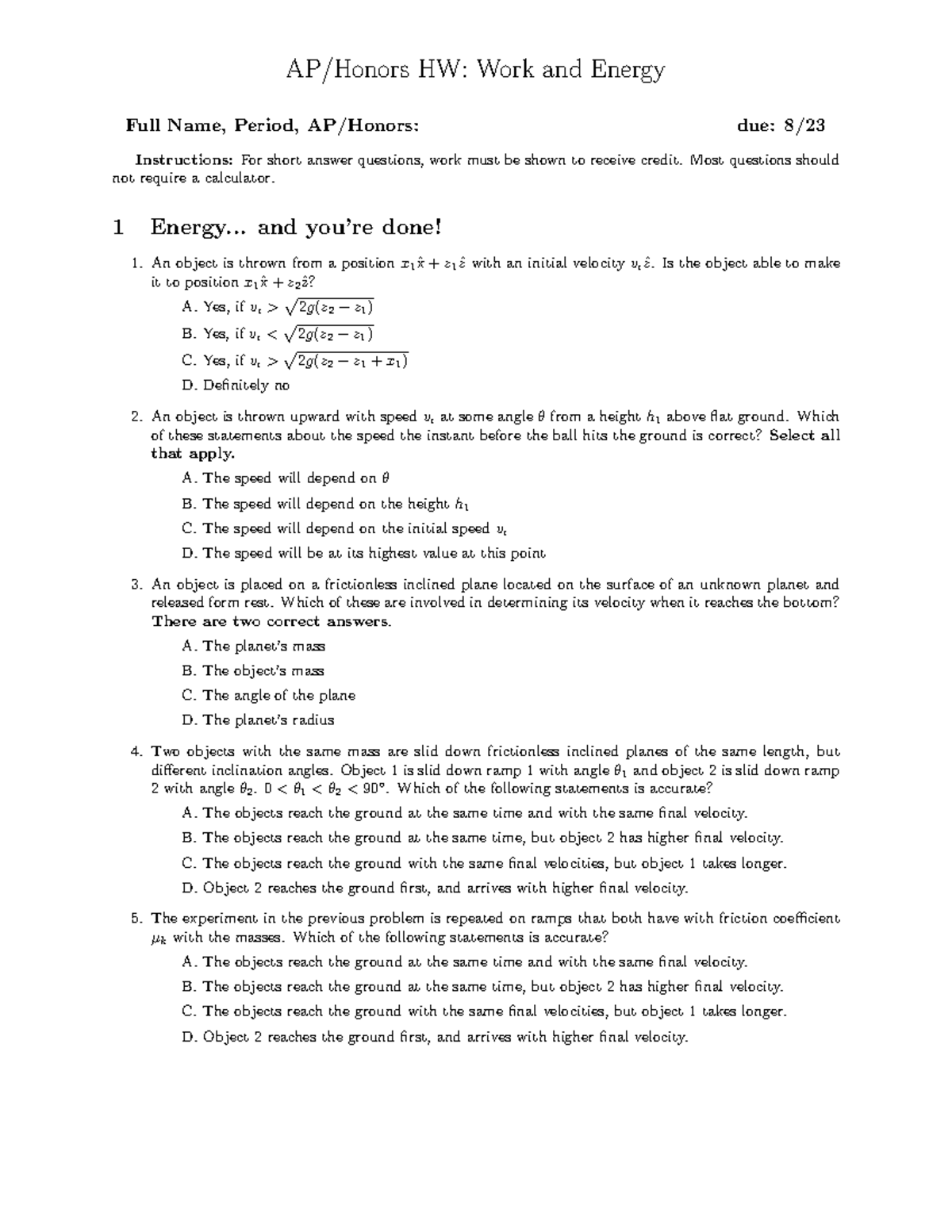 Energy HW 1: Work and Energy Concepts and Problems - Studocu