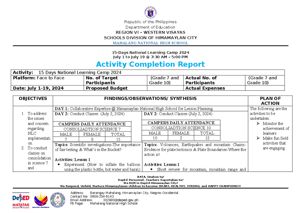 NLC-ACR 2024 - 15-Day National Learning Camp Completion Report - Studocu