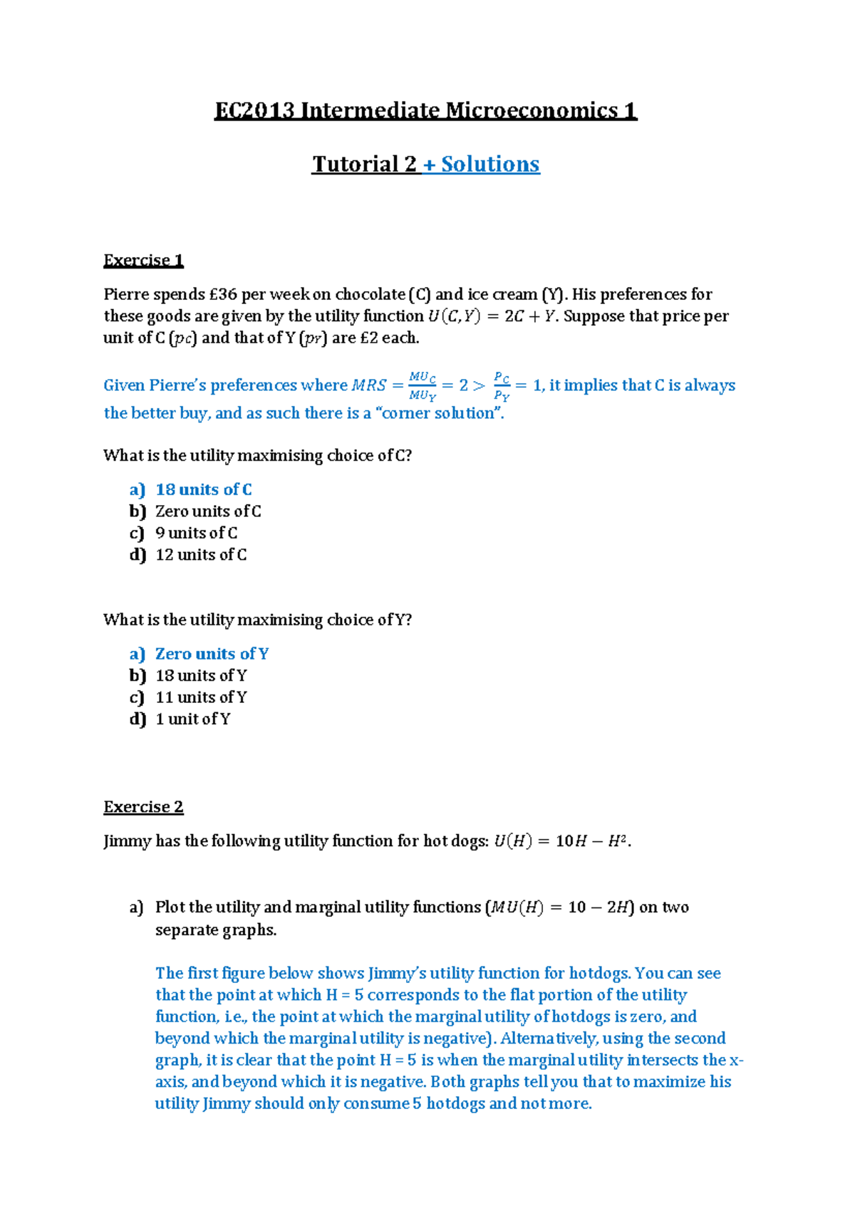 EC2013 Intermediate Microeconomics Tutorial 2 Solutions - Studocu