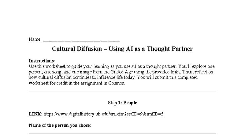 Cultural Diffusion in the Gilded Age: AI Thought Partner Worksheet ...