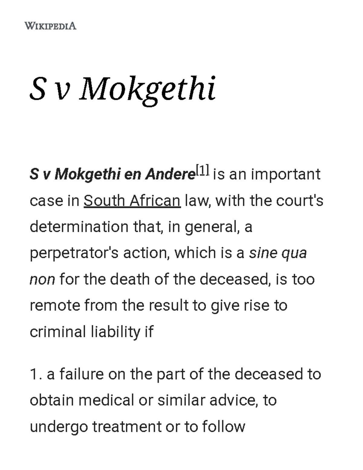 S v Mokgethi en Andere 1990 (1) SA 32 (A). - LCL 212E - UFH - Studocu