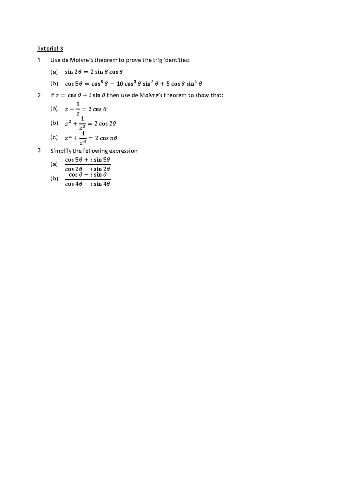 Tutorial 3: Proving Trig Identities Using De Moivre's Theorem - Studocu
