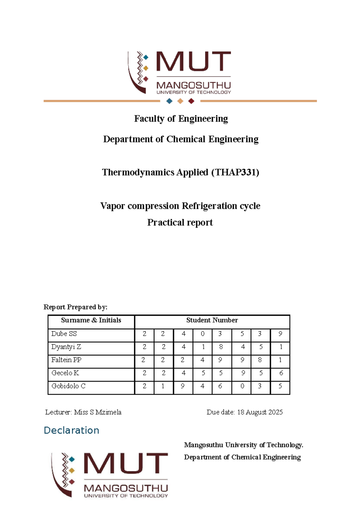 THAP331 Practical Report: Vapor Compression Refrigeration Cycle ...