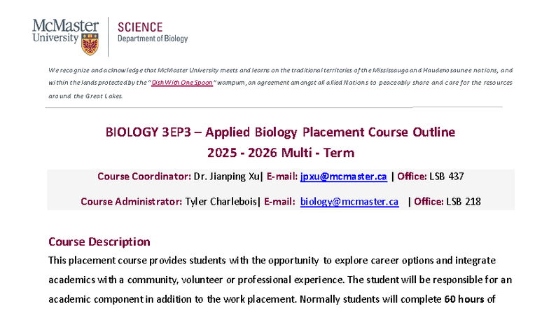 BIOLOGY 3EP3 Applied Biology Placement Course Outline 2025-2026 - Studocu