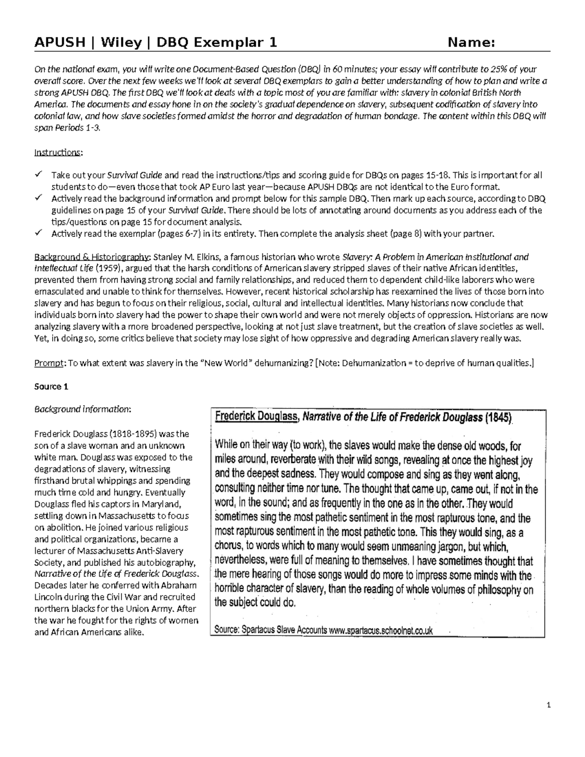 APUSH DBQ Exemplar 1: Analyzing Slavery's Dehumanization - Studocu