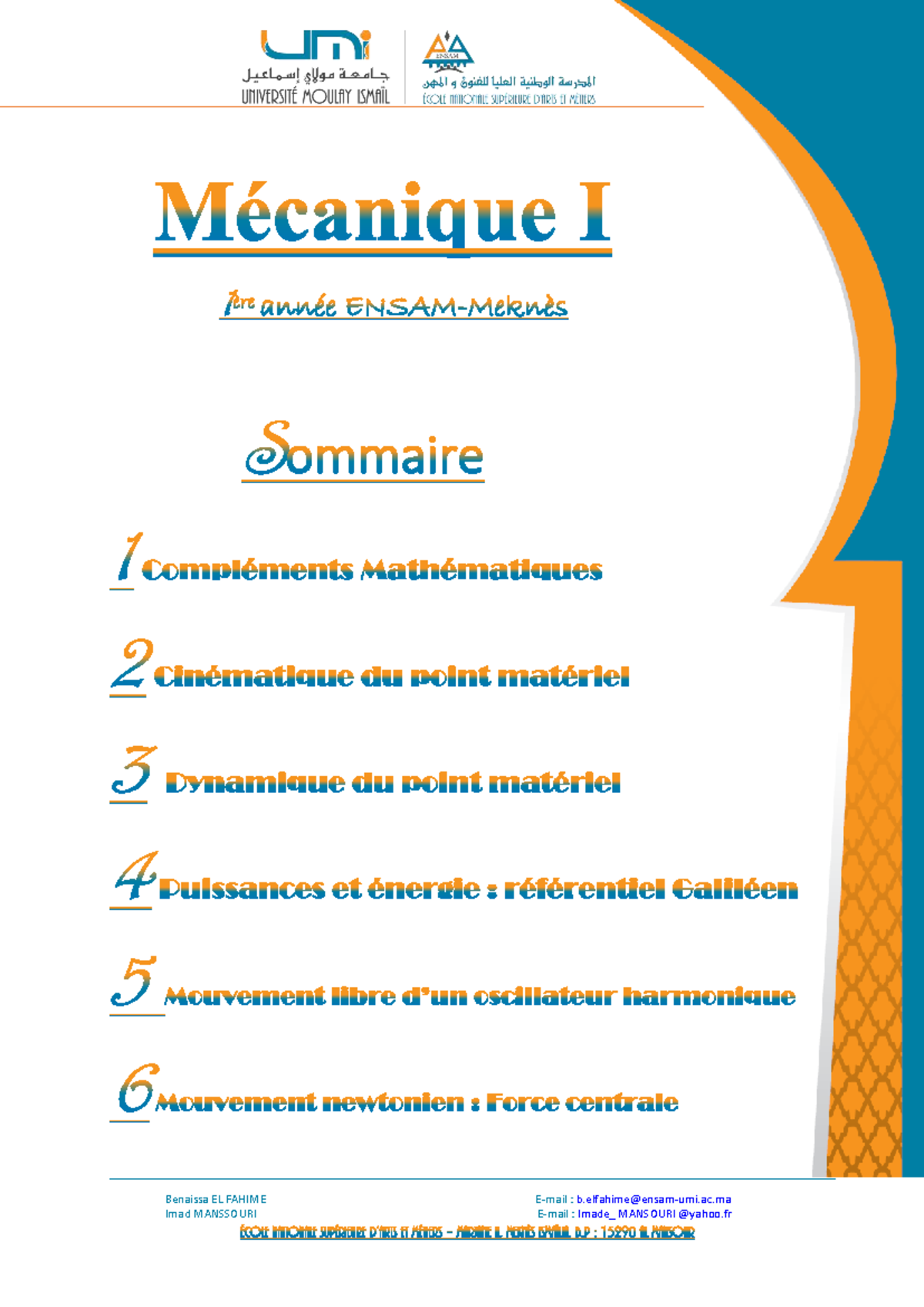Mécanique I - Notes de Cours par Pr. Benaissa EL FAHIME et Pr. Imad ...