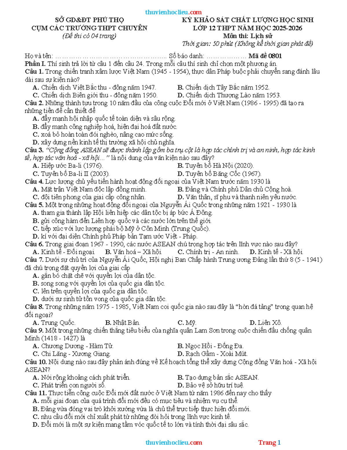 Đề thi Kỳ khảo sát chất lượng môn Lịch sử lớp 12 THPT - Mã đề 0801 ...