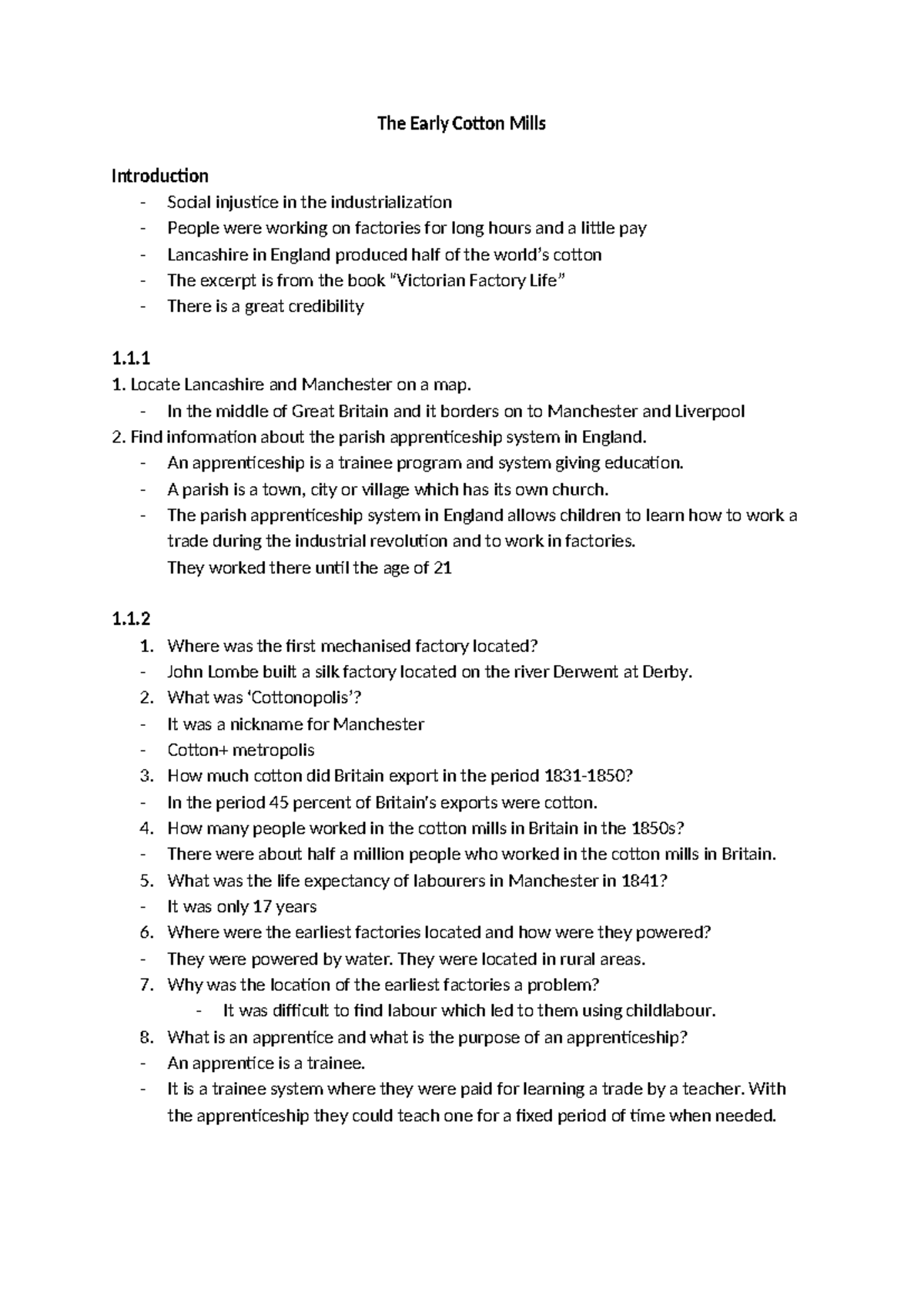 The Early Cotton Mills: Social Injustice & Apprenticeship System Notes ...