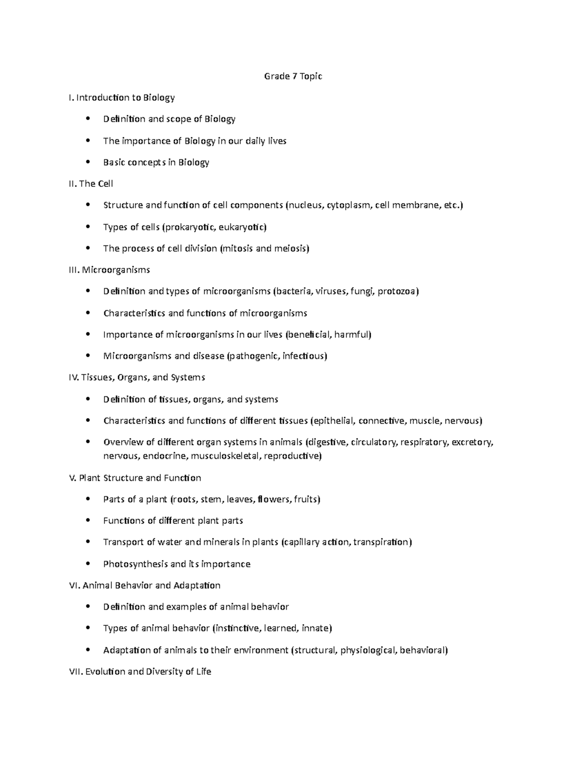 Grade 7 Biology Curriculum Topics Overview for the Year - Studocu