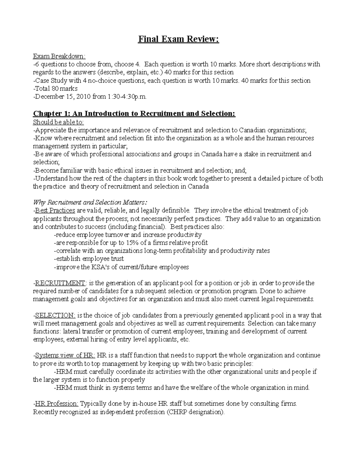 Recruitment and Selection - Final Exam Summary and Key Concepts - Studocu