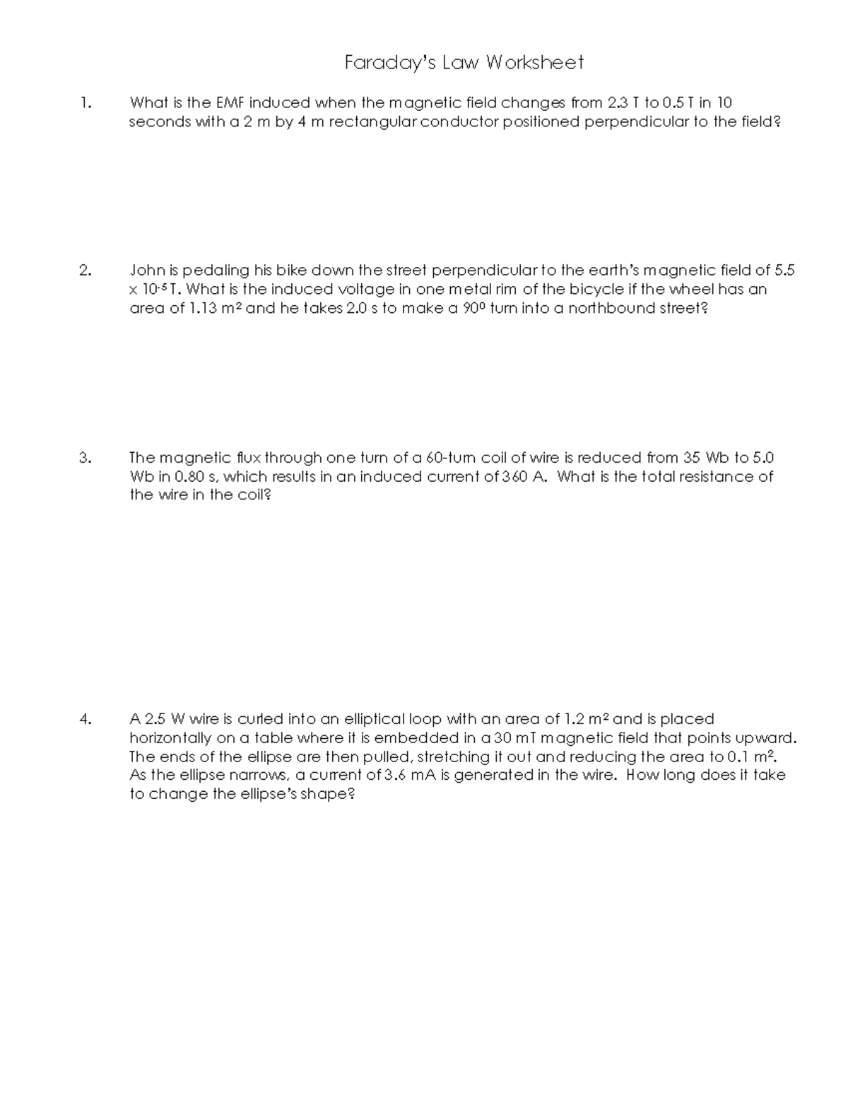 Faraday's Law Worksheet: EMF and Induced Voltage Problems - Studocu