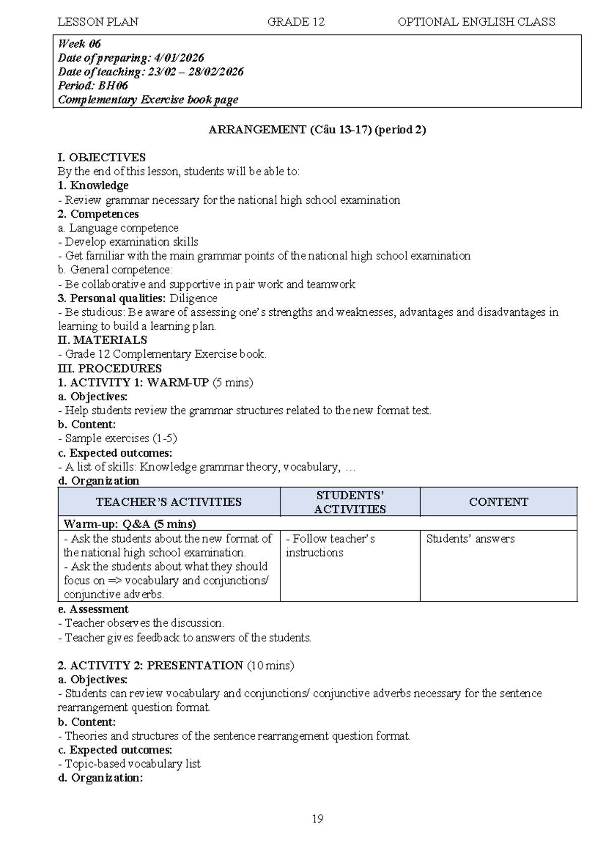 LESSON PLAN GRADE 12 OPTIONAL ENGLISH CLASS - Weeks 06 to 10 Overview ...