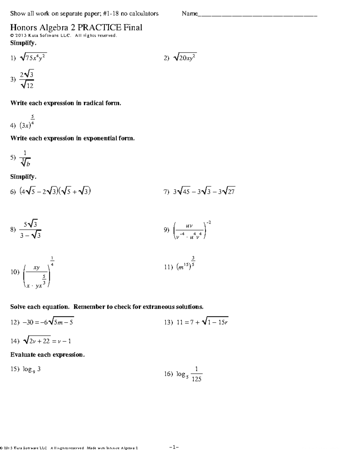 Honors Algebra 2 PRACTICE Final Exam 5230O1U3 - Studocu
