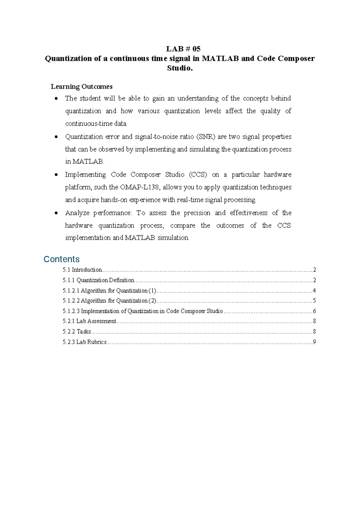 LAB 05: Quantization of Continuous Time Signals in MATLAB & CCS - Studocu