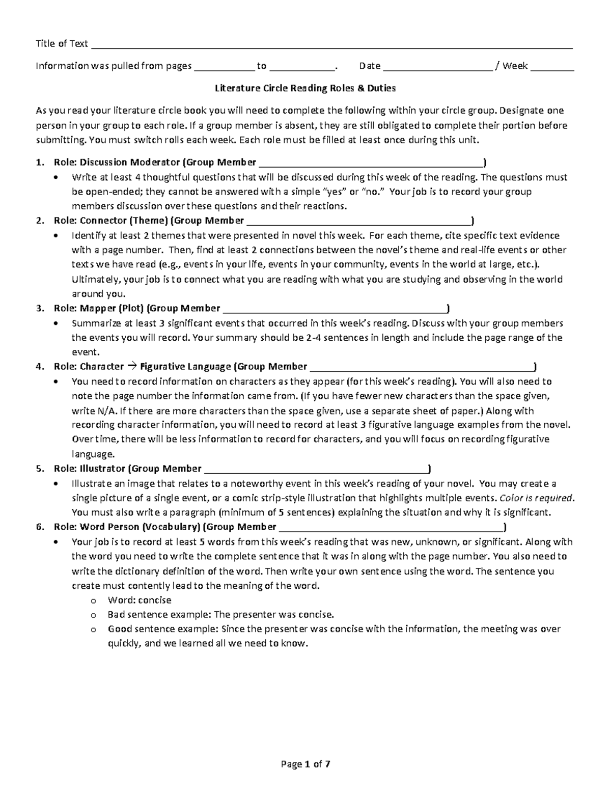 Lit 101: Weekly Literature Circle Roles & Responsibilities - Studocu
