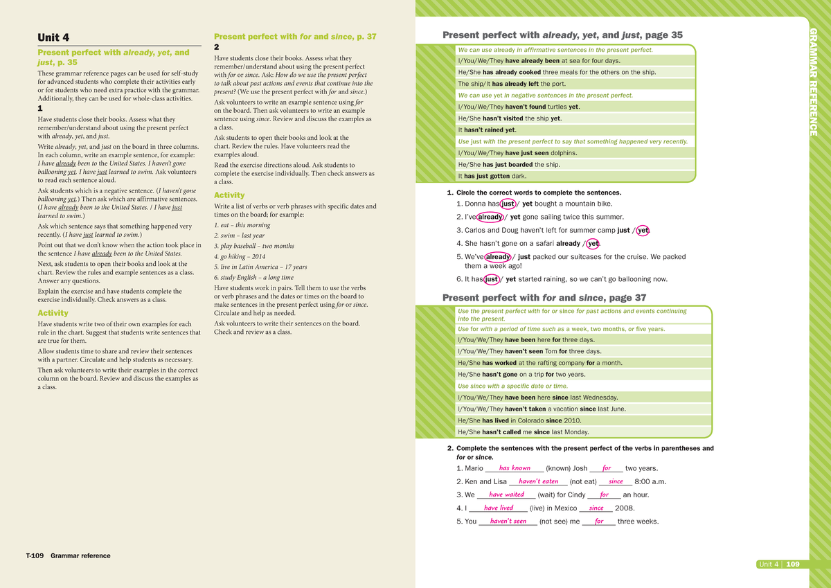 Unc TB3 U4 Grammar Reference: Present Perfect with Already, Yet, Just ...