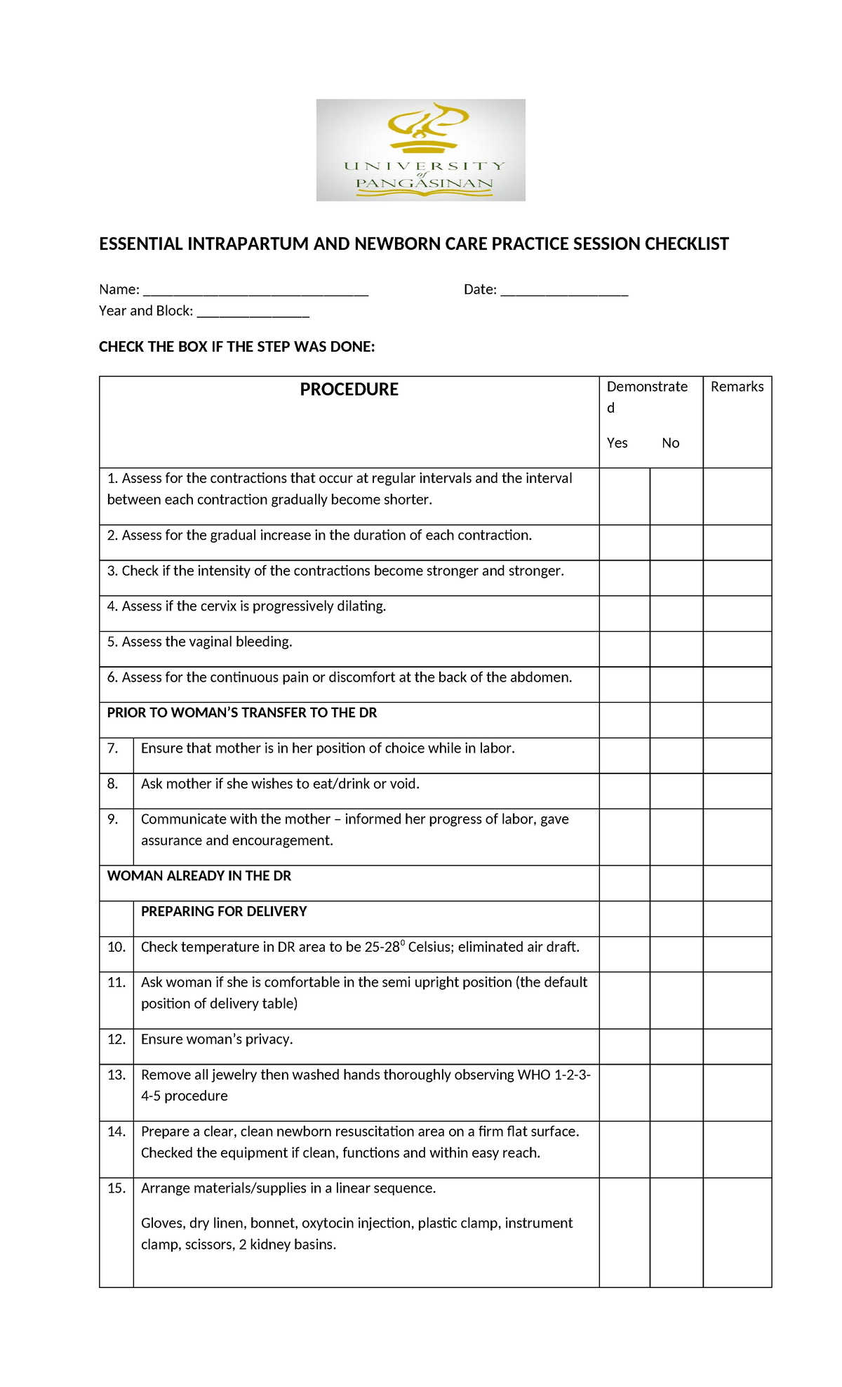 Essential Intrapartum AND Newborn CARE Practice Session Checklist NEW ...