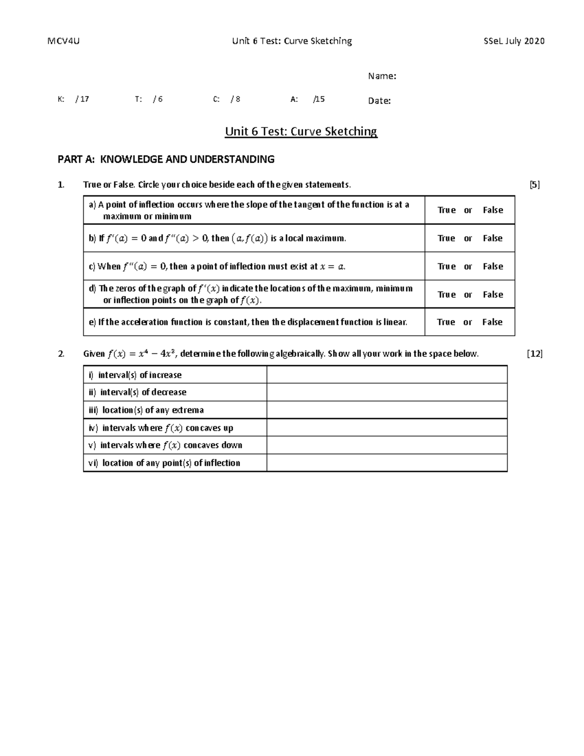MCV4U Unit 6 Test: Curve Sketching - Calculus Grade 12 - Studocu