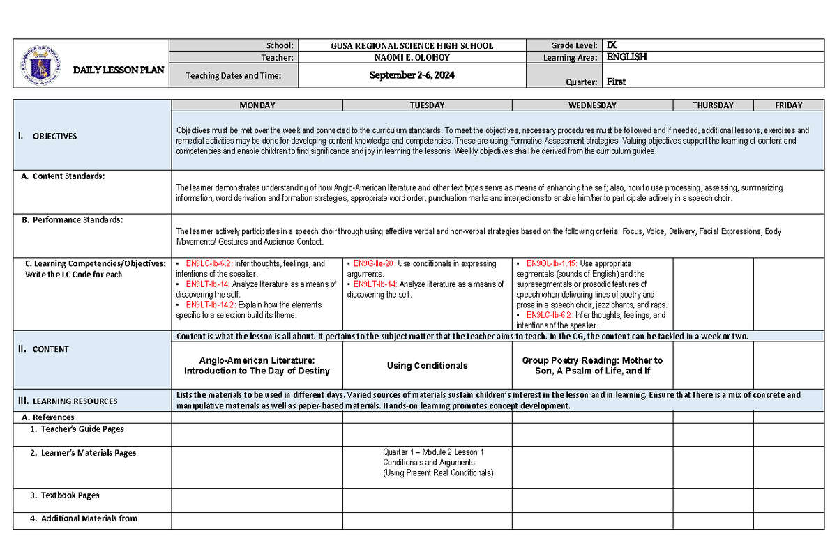 DAILY LESSON PLAN: GRADE 9 ENGLISH (Sept 2-6) by NAOMI E. OLOHOY - Studocu