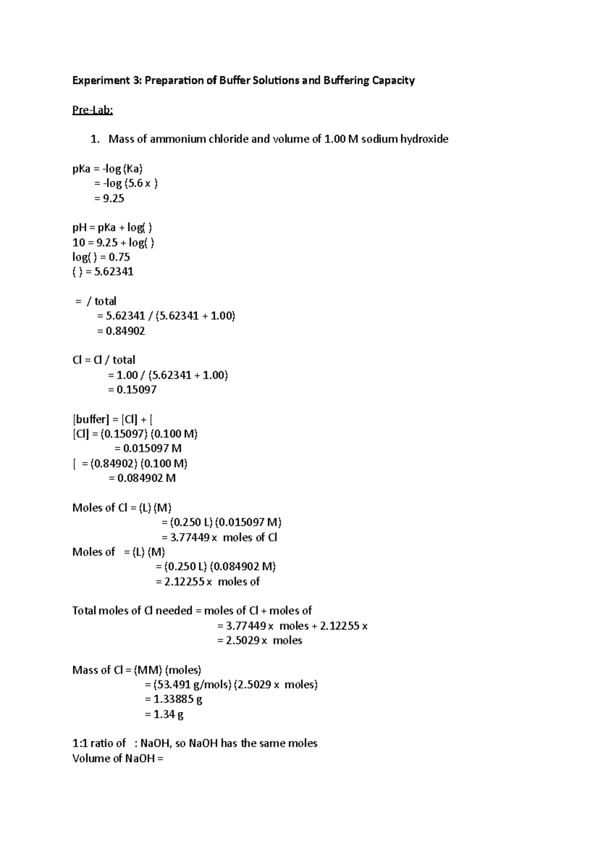 Chem 2400 Experiment 3 - Lab Report on Buffer Solutions & Capacity ...