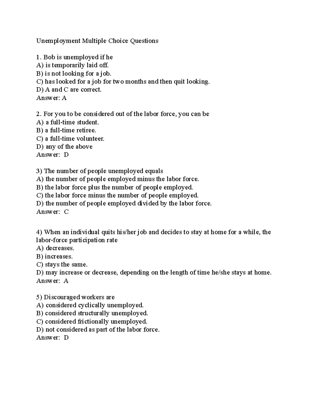 Unemployment MCQs for Exam Prep: Key Concepts and Answers - Studocu