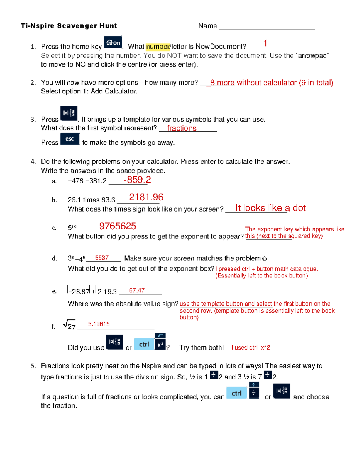 Ti-Nspire Scavenger Hunt - Calculator Techniques and Exercises - Studocu