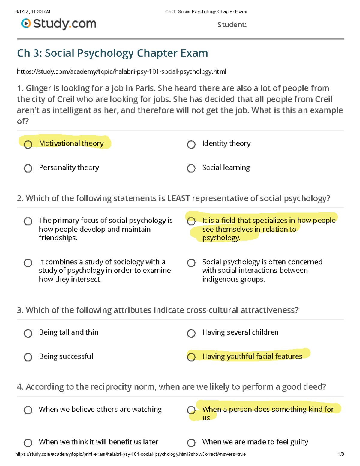 PSY-101 Assignment 3: Social Psychology Chapter Exam Insights - Studocu