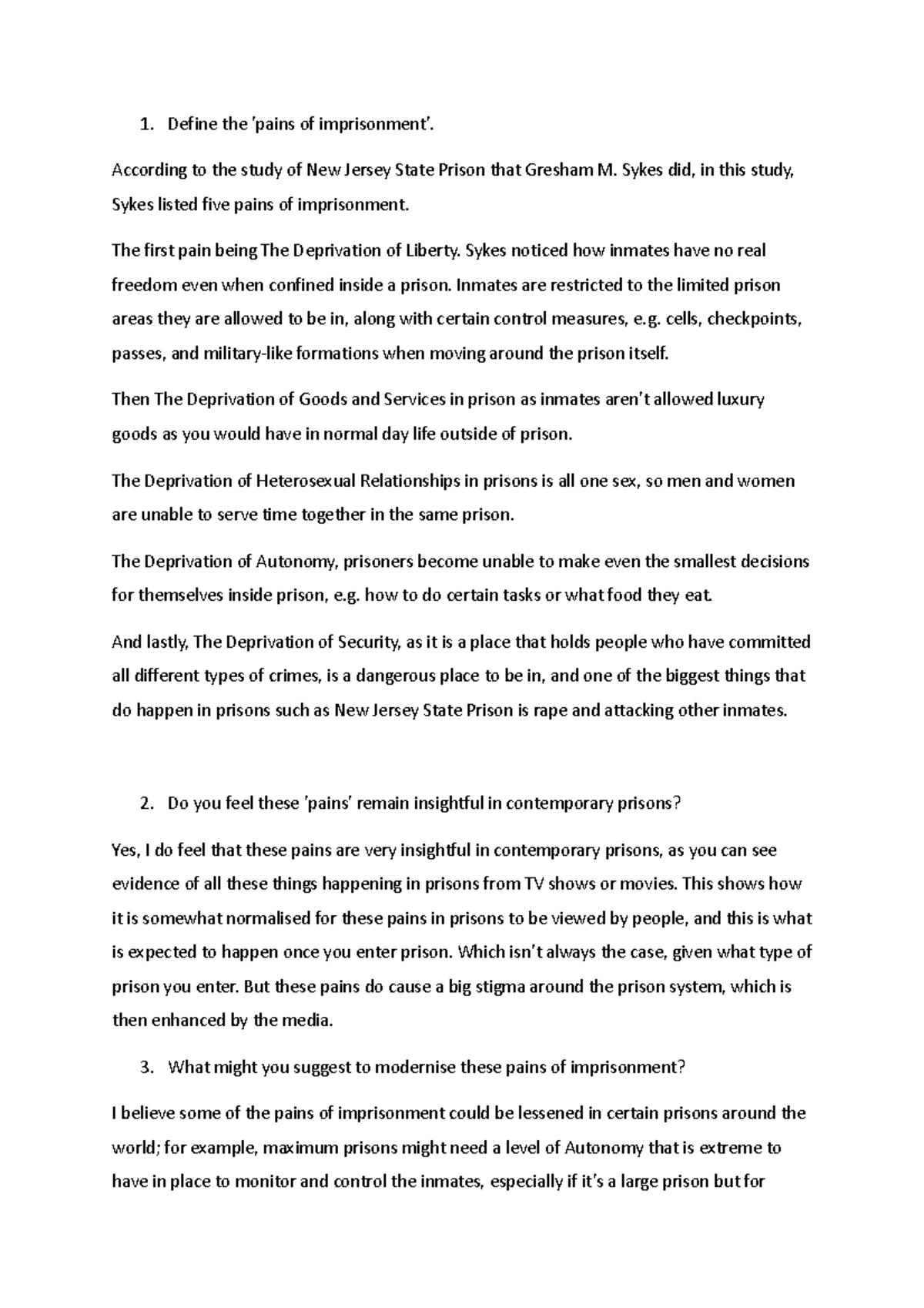 Learning Journal 4: Analyzing the Pains of Imprisonment in Criminology ...