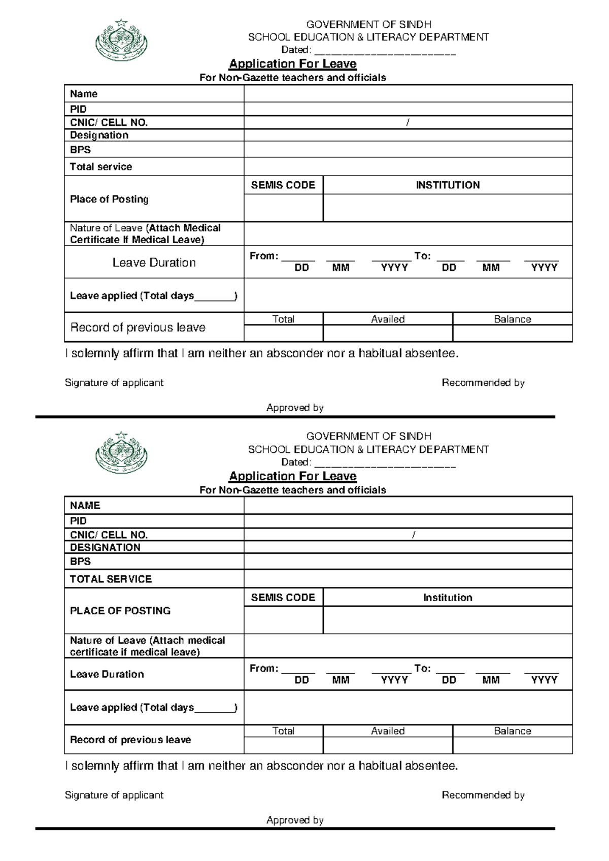 Government of Sindh Leave Application Form for Non-Gazette Staff - Studocu