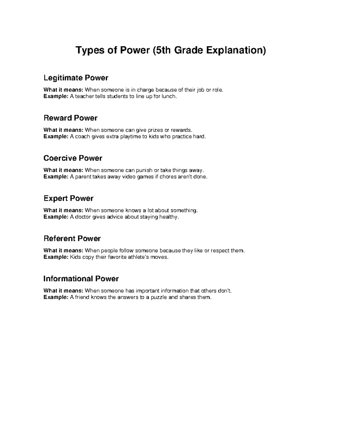 French & Raven's 5 Bases of Power (5th Grade Explanation) - Studocu