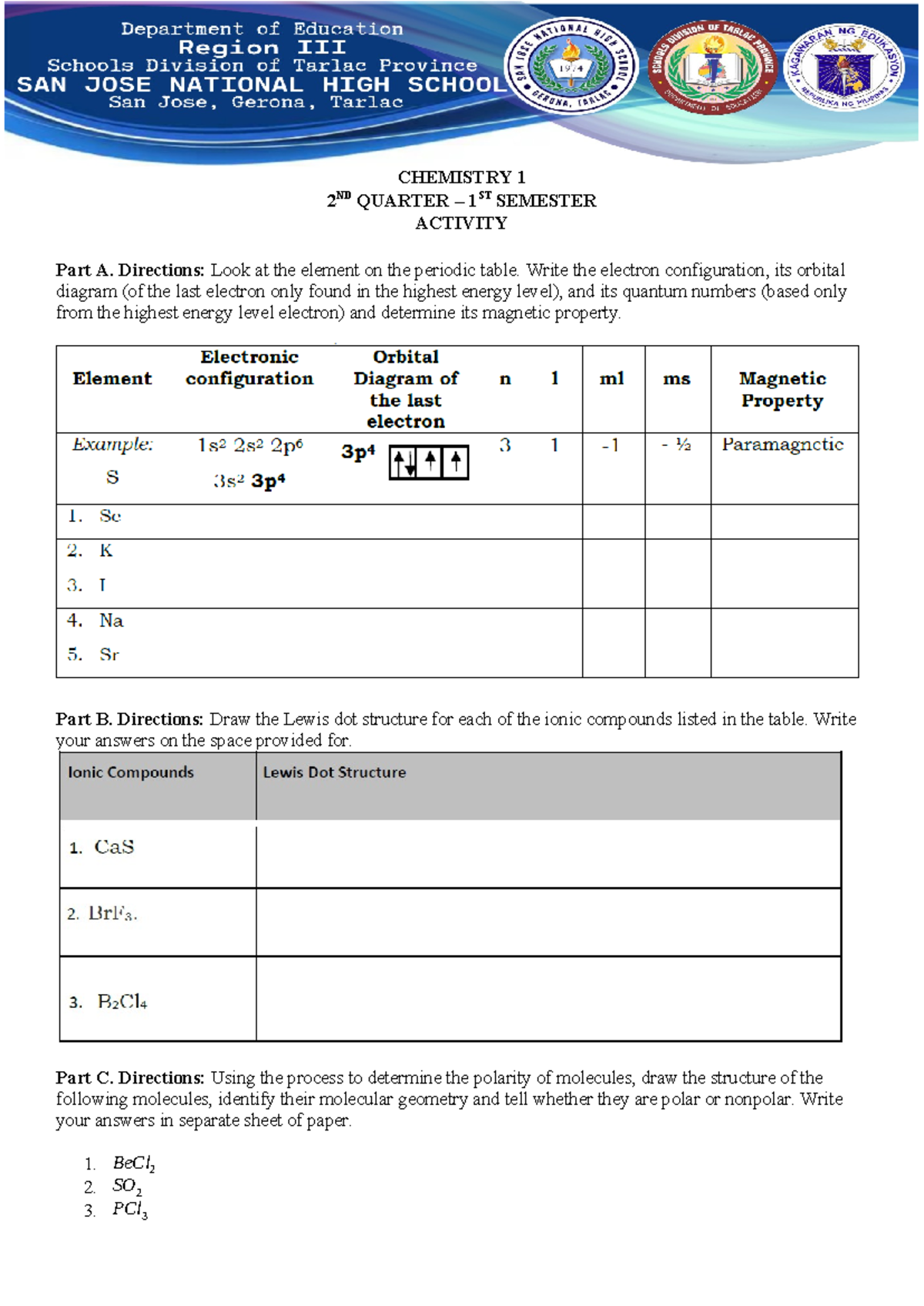 Chem activity - CHEMISTRY 1 2 ND QUARTER – 1ST SEMESTER ACTIVITY Part A ...