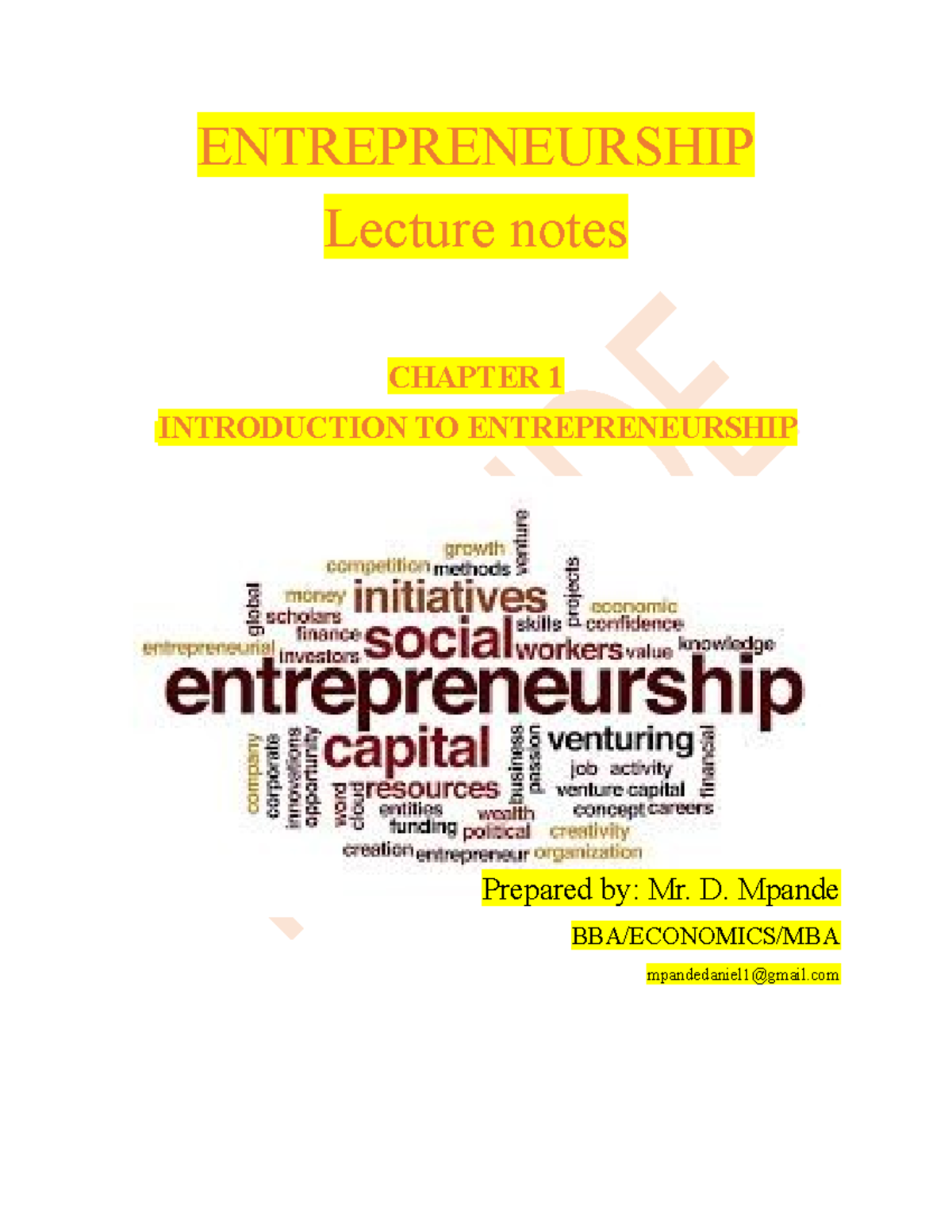 ENTREPRENEURSHIP Lecture Notes: Chapter 1 - Introduction to ...