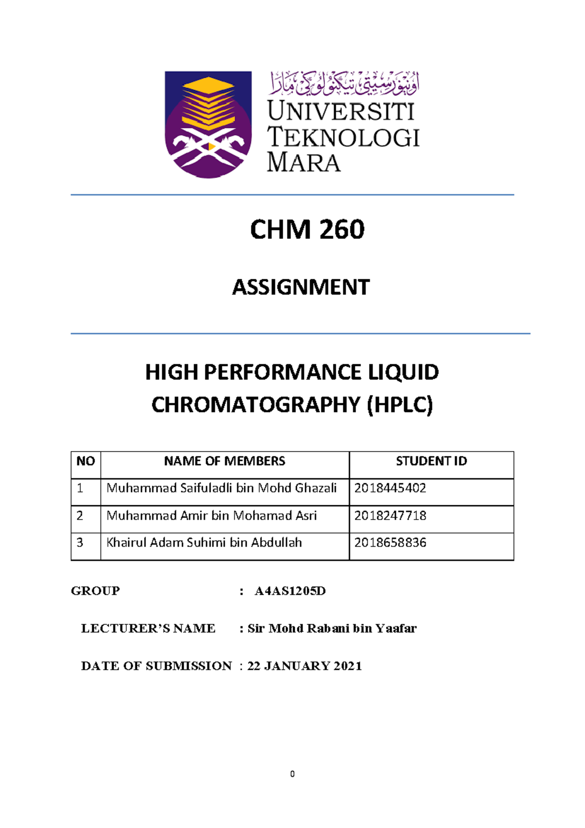 CHM260 Experiment 6 - Ϭ CHM 260 ASSIGNMENT HIGH PERFORMANCE LIQUID ...