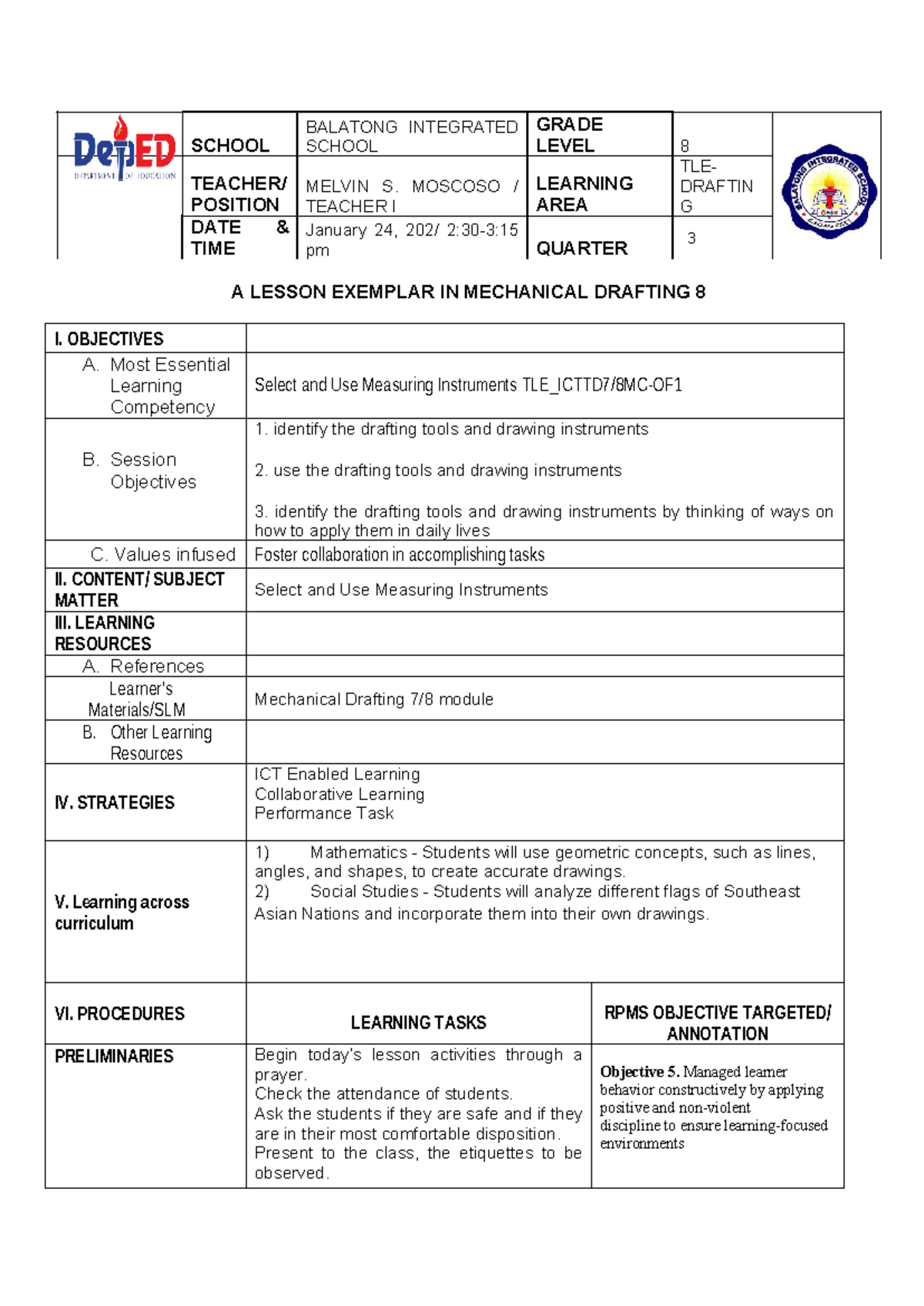 Lesson exemplar tle drafting Select and Use Measuring Instrument Cot ...