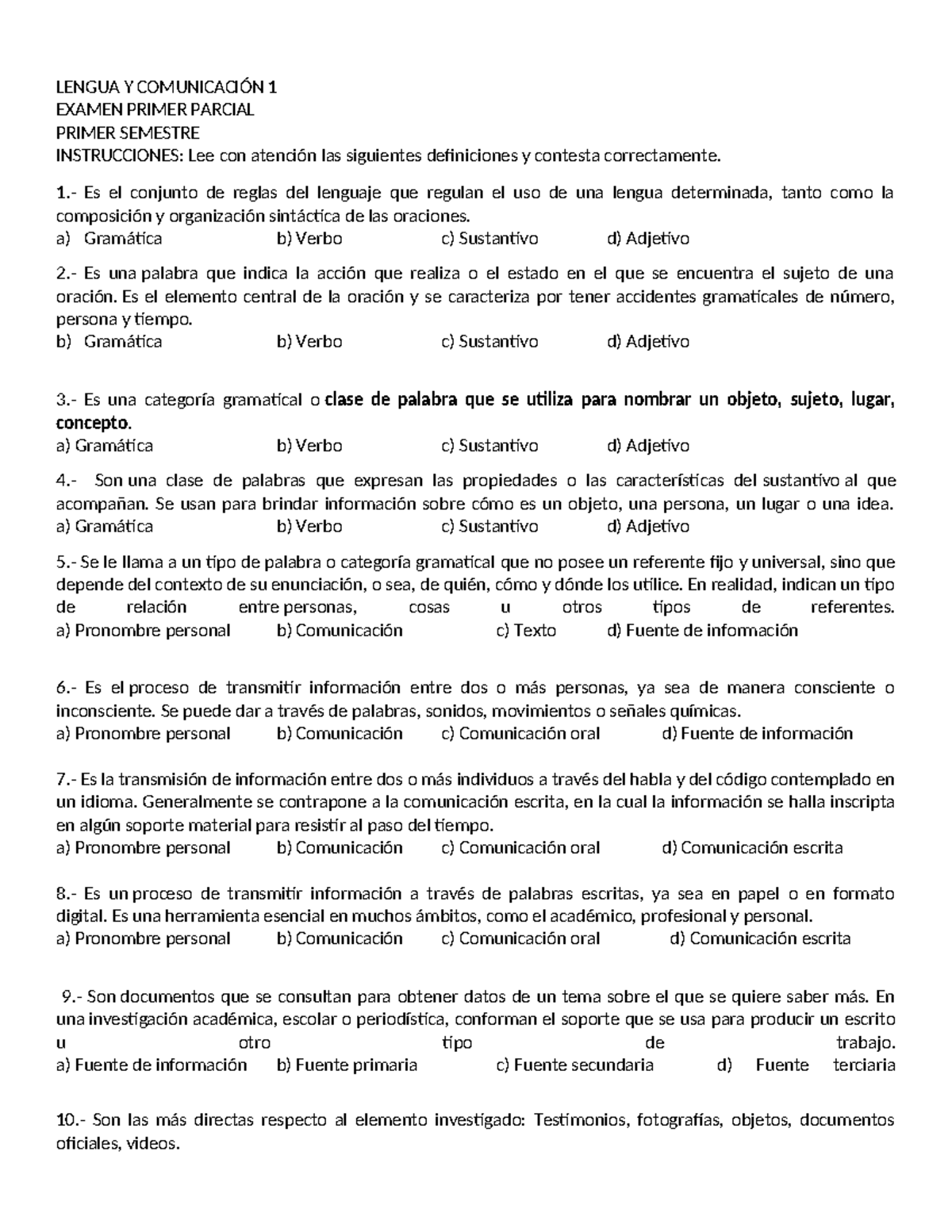 Examen Parcial de Lenguaje y Comunicación 1 - Primer Semestre - Studocu