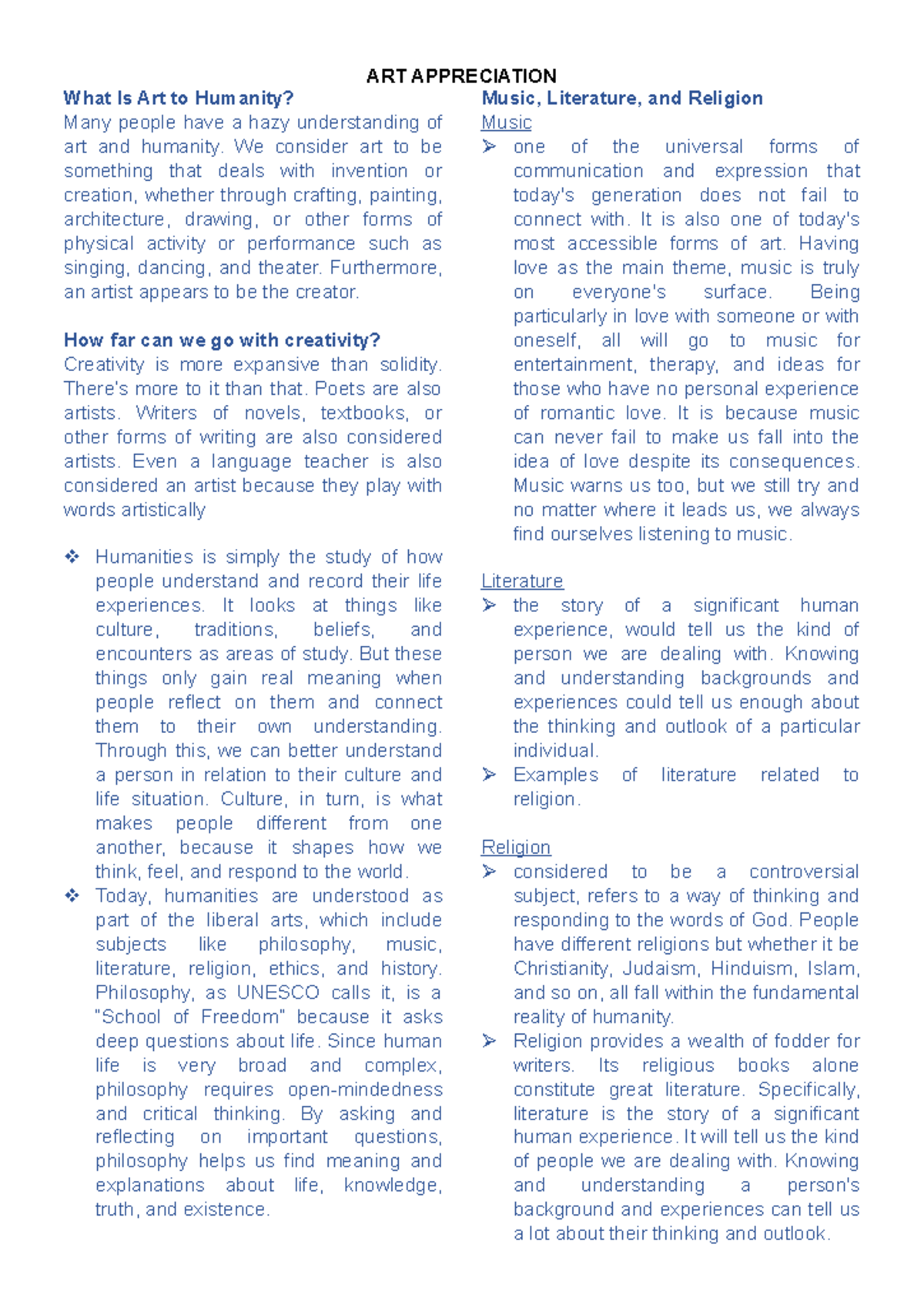 ART APPRECIATION 2: Exploring the Essence of Art in Humanity - Studocu