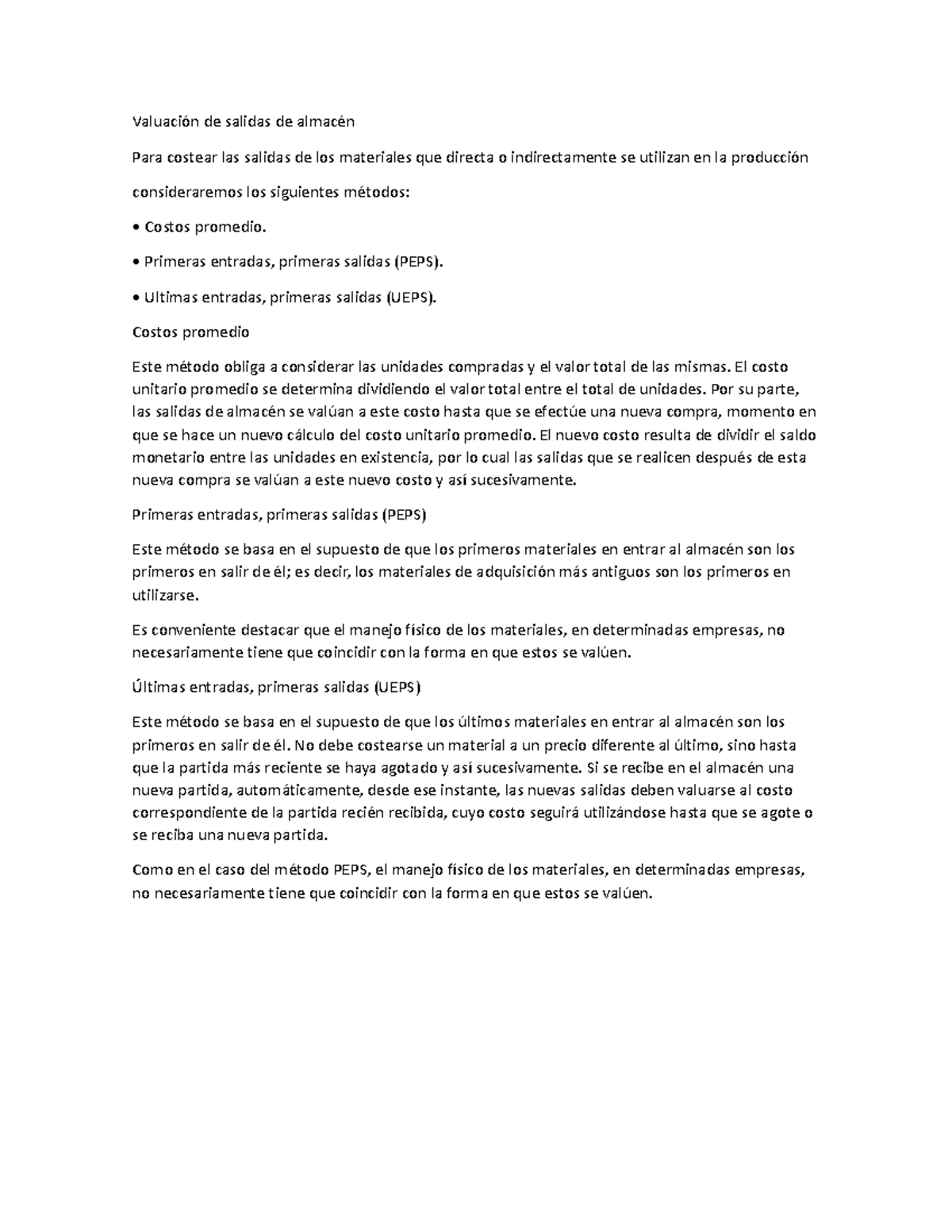 Métodos de Valuación de Salidas de Almacén: PEPS, UEPS y Promedio - Studocu