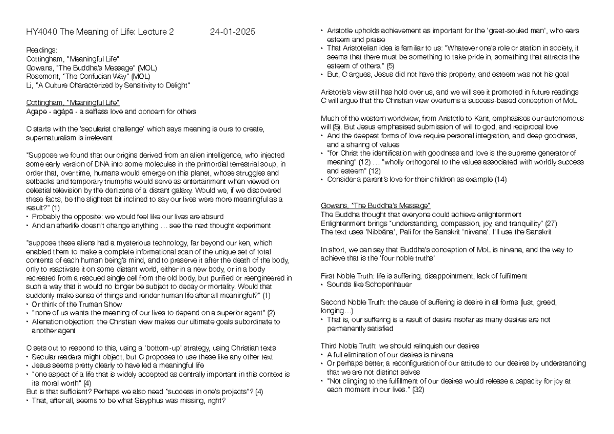 HY4040 The Meaning of Life: Lecture 2 Handout on Readings - Studocu