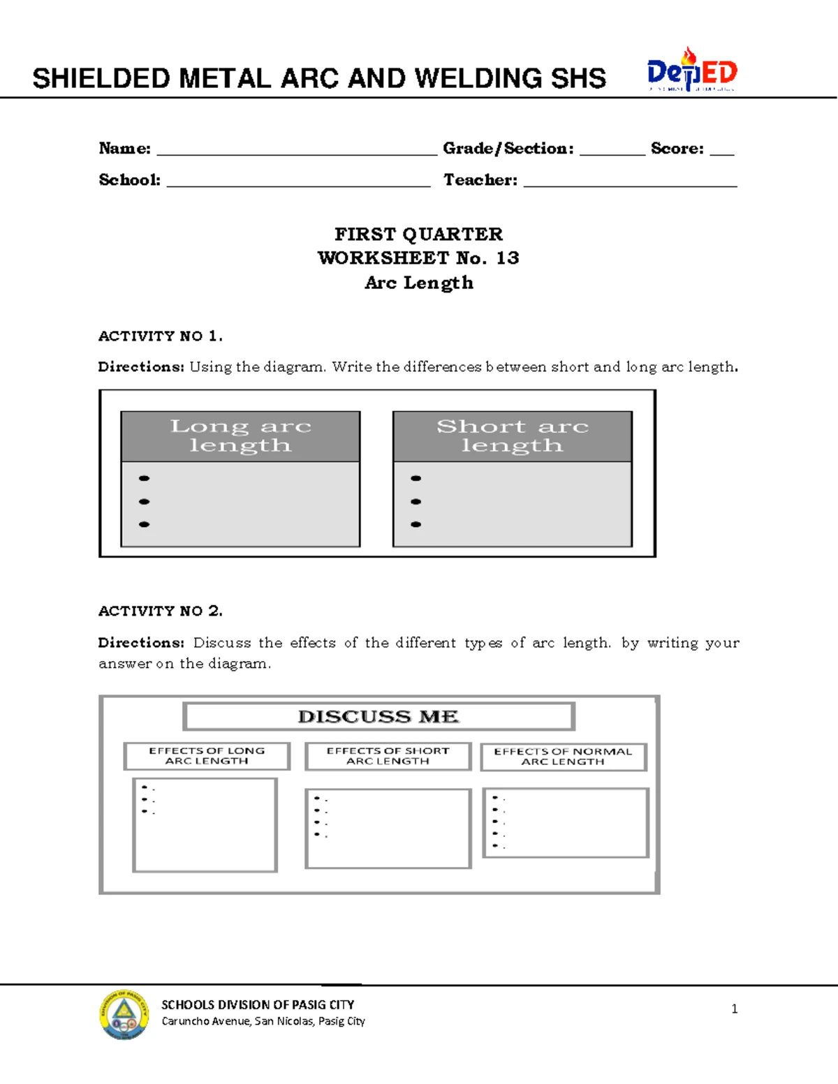 TVL - SMAW 11 - Q1 - DW12 - Shielded Metal Arc Welding Worksheet - Studocu