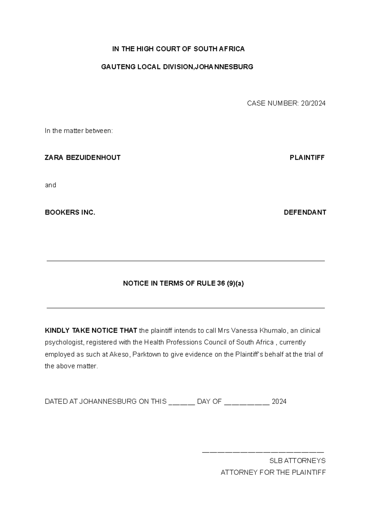Rule 36(9)(a) Notice Example for High Court Case No. 20/ - Studocu