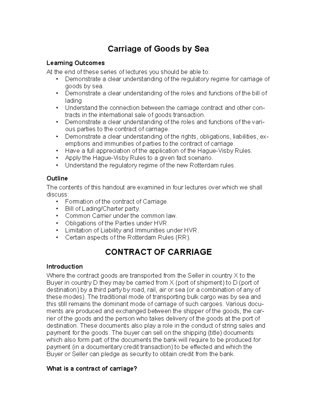 Final Exam: Contract of Carriage - Carriage of Goods by Sea (CIV 302 ...