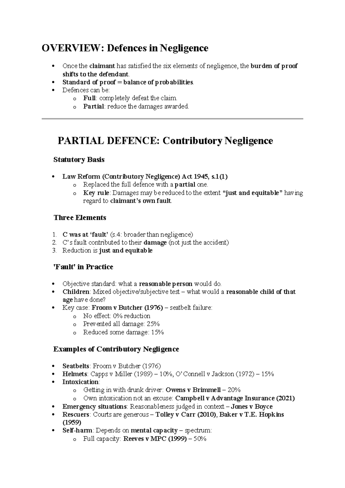 Defences in Negligence: Key Concepts and Case Law Overview - Studocu