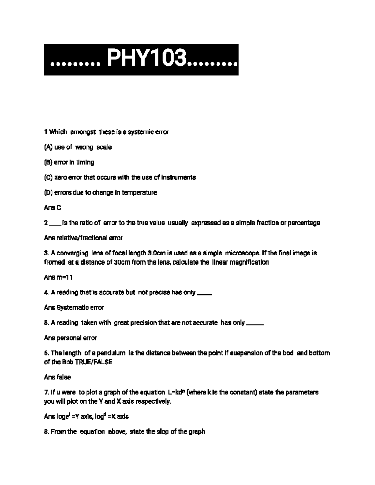PHY103 Final Exam Study Guide - Q&A Notes - Studocu