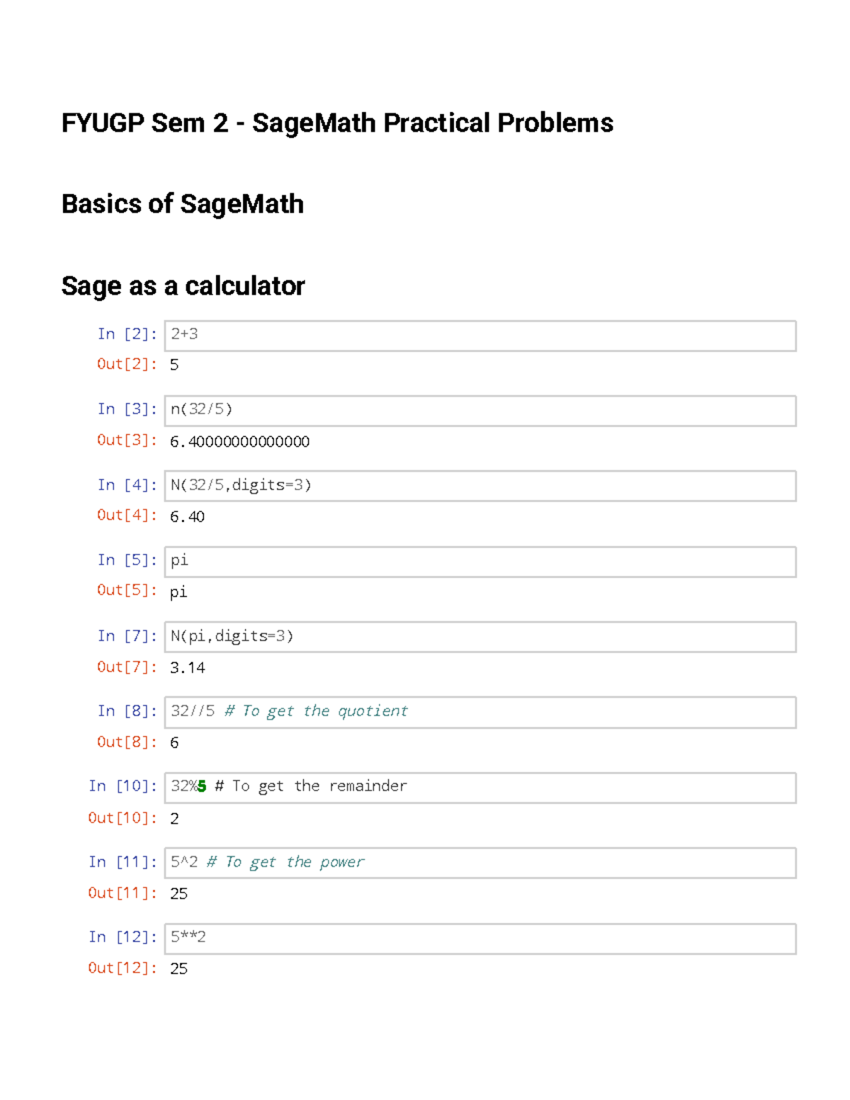 FYUGP Sem 2 SageMath Practical Problems and Calculations - Studocu