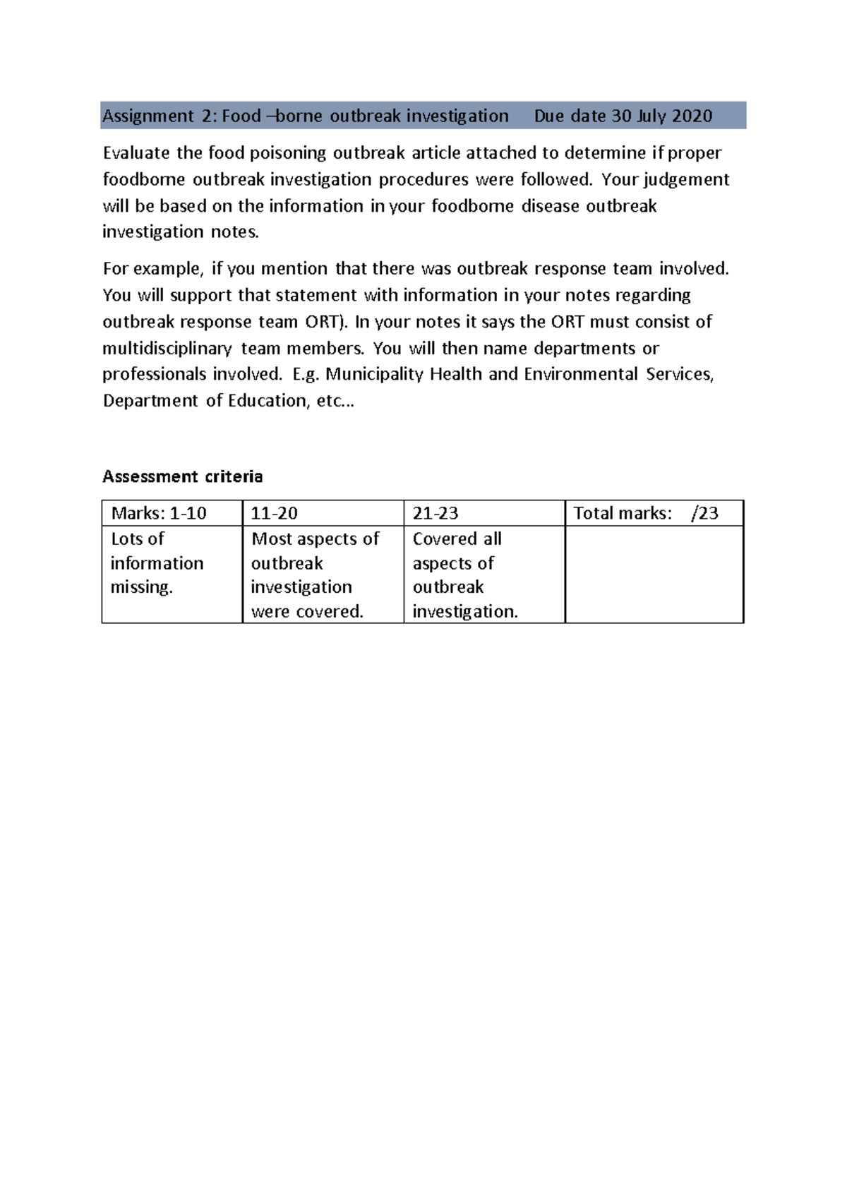 Assignment 2- Foodborne outbreak investigation - Assignment 2: Food ...
