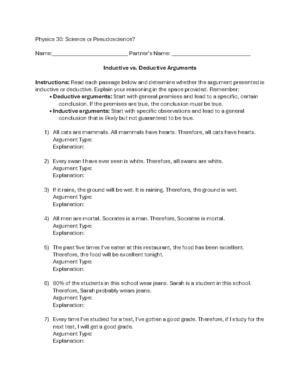 Physics 30: Inductive vs. Deductive Arguments Worksheet - Studocu