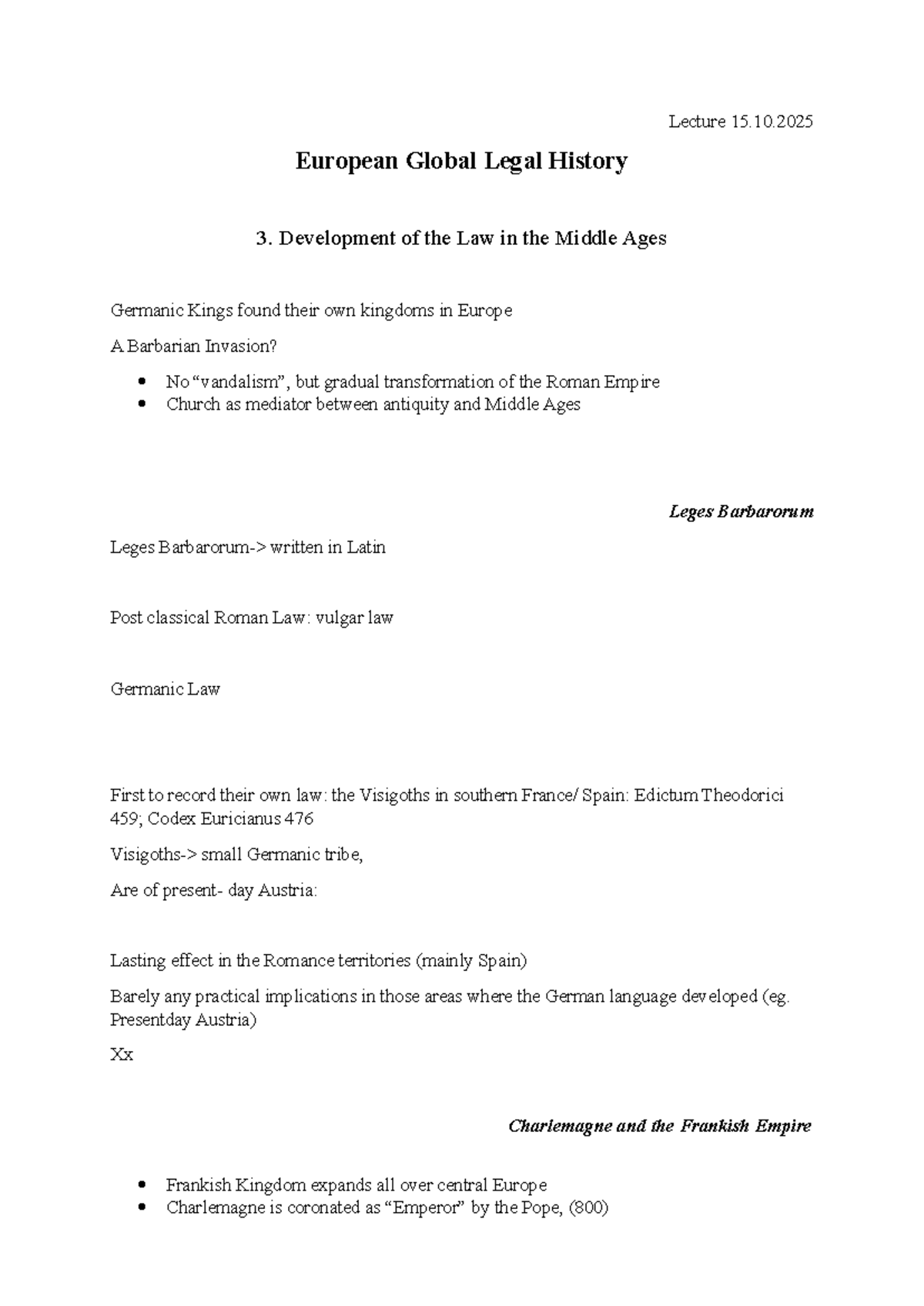 EGLH Lecture 3: Development of Law in the Middle Ages - Studocu